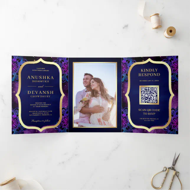 Purple Galaxy Blue Mandala QR Code Indian Wedding Tri-Fold Invitation ...