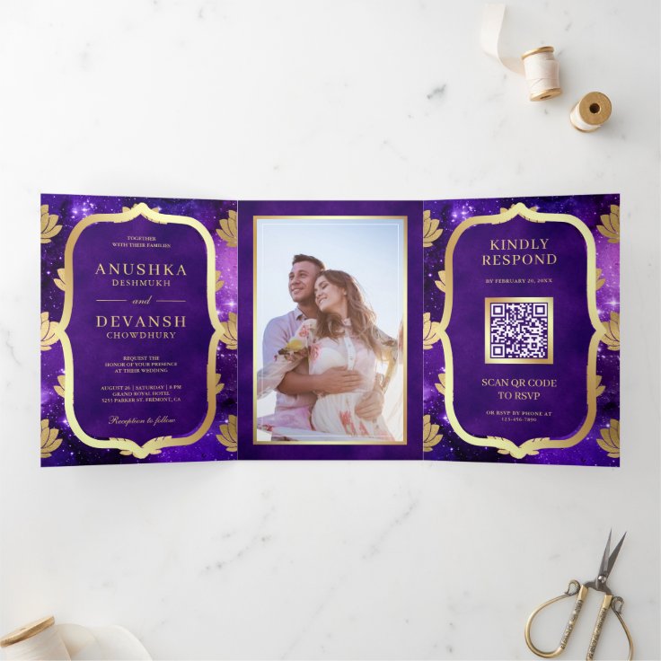 Purple Galaxy Gold Lotus QR Code Indian Wedding Tri-Fold Invitation ...
