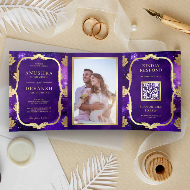 Purple Galaxy Gold Lotus QR Code Indian Wedding Tri-Fold Invitation ...