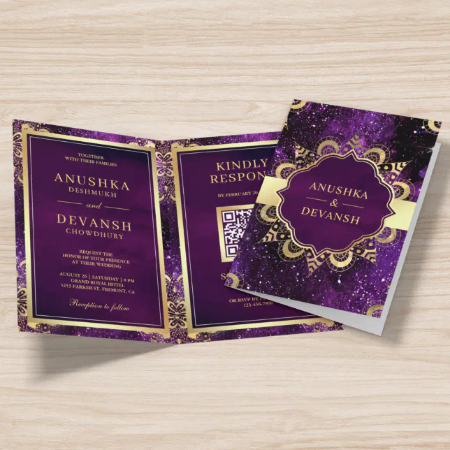 Purple Galaxy Gold Mandala QR Code Indian Wedding Invitation | Zazzle