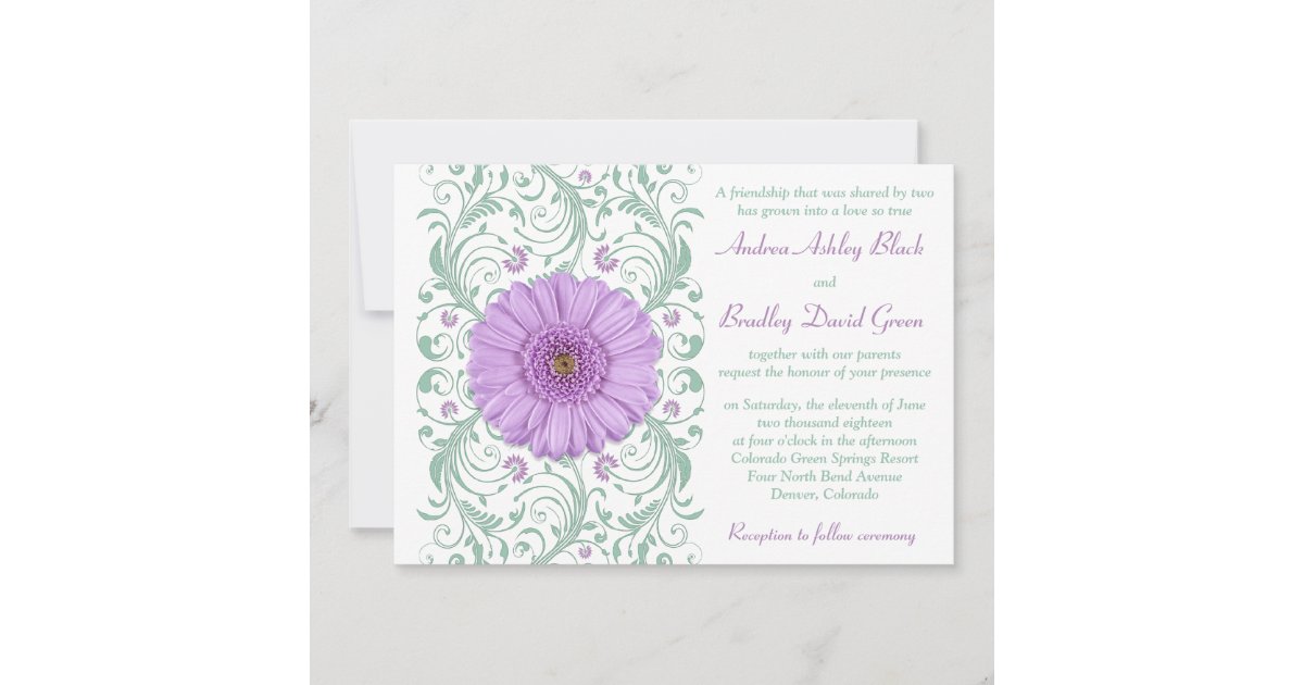Purple Gerber Daisy Mint Floral Wedding Invitation | Zazzle