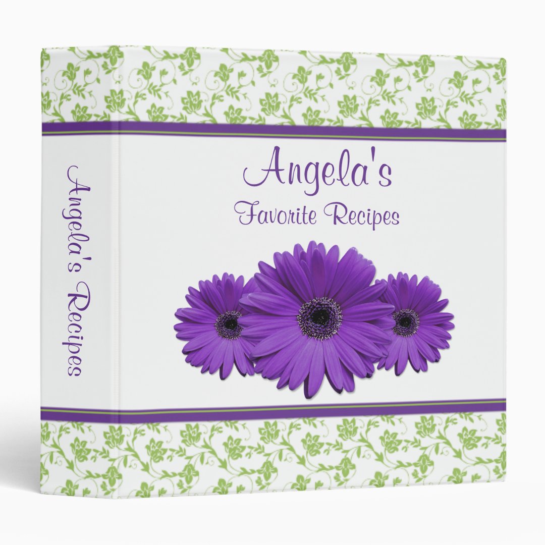 Purple Gerbera Daisy Green Damask Recipe Binder | Zazzle