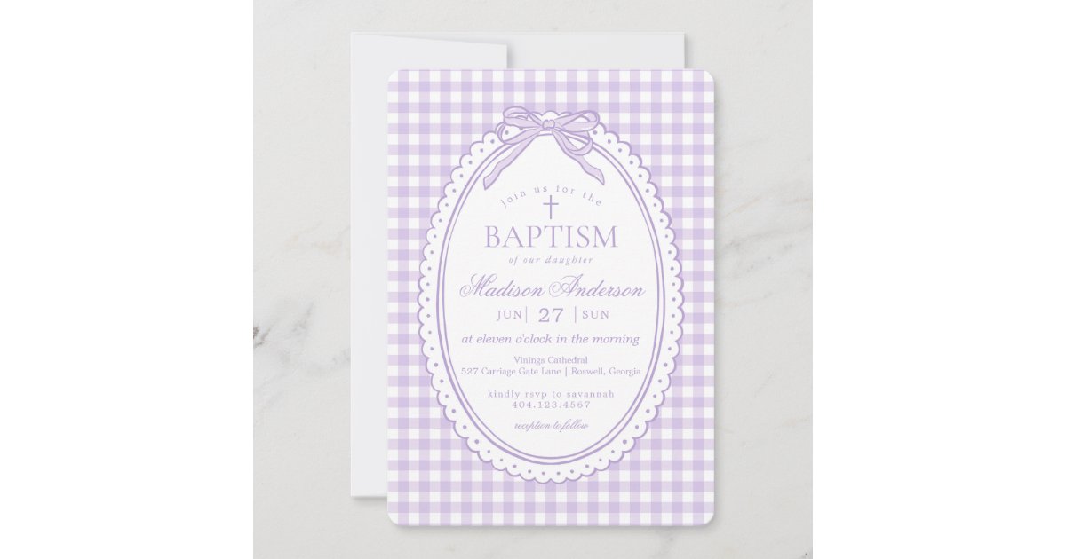 Purple Gingham Coquette Bow Baptism Invitation | Zazzle