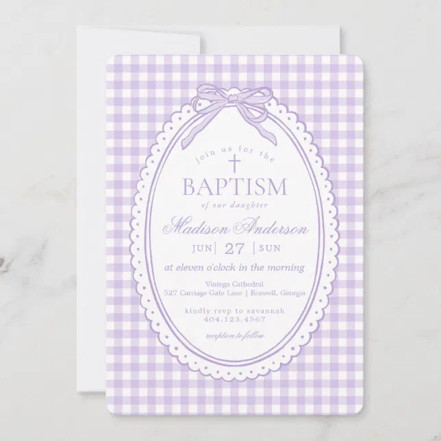 Purple Gingham Coquette Bow Baptism Invitation | Zazzle