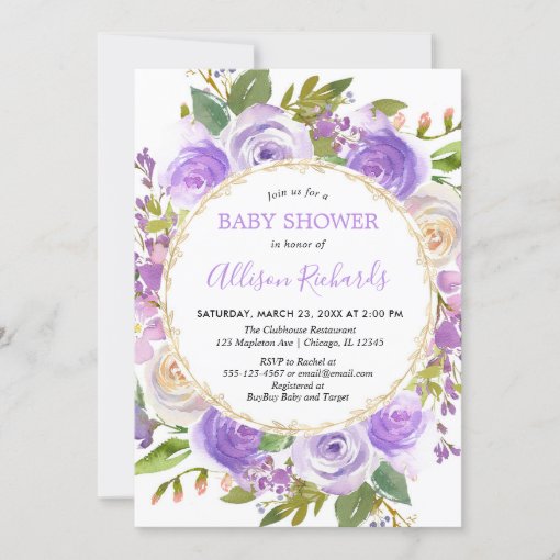 Purple girl baby shower, floral lavender lilac invitation | Zazzle