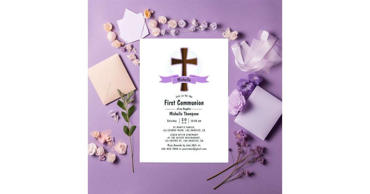 Purple Girl First Holy Communion Invitation | Zazzle