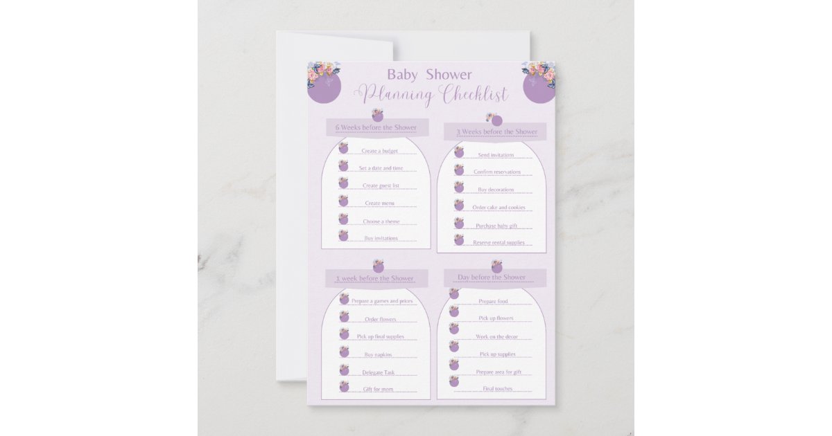 Purple Girl Flower Baby Shower Checklist Invitation | Zazzle
