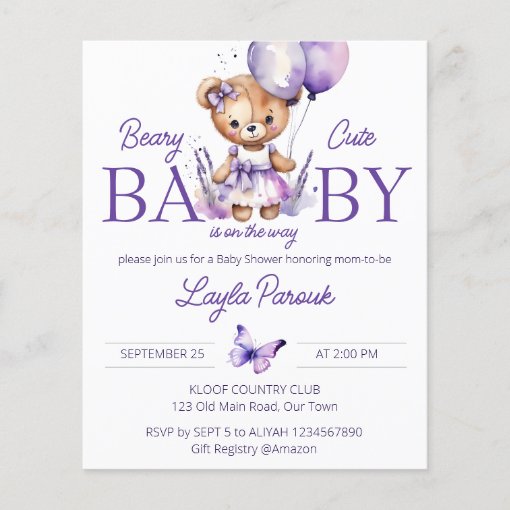 Purple girl teddy bear baby shower invitation | Zazzle