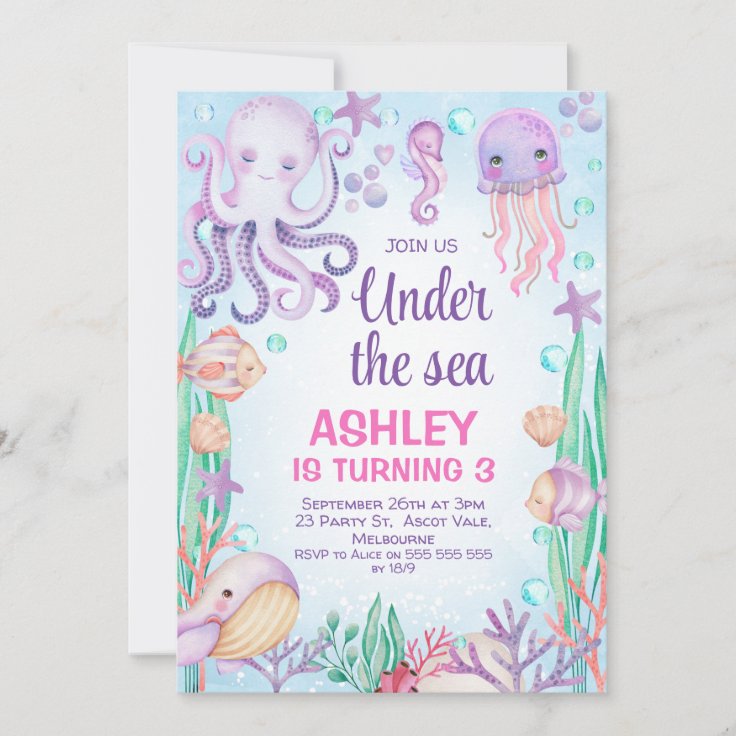 Purple Girls Under The Sea Octopus Birthday Invitation | Zazzle
