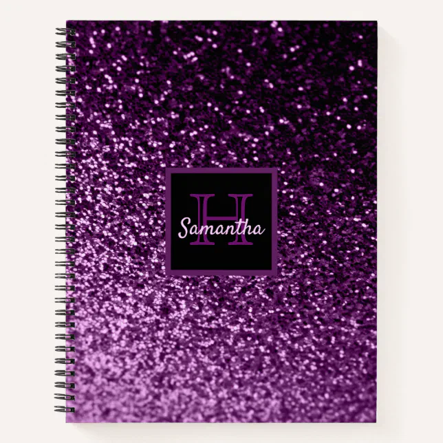 Purple girly glitter shiny glam monogrammed notebook | Zazzle