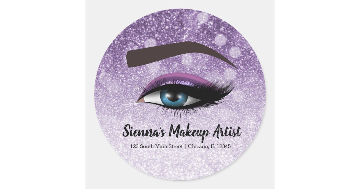 Purple glam lashes eyes | makeup artist classic round sticker | Zazzle