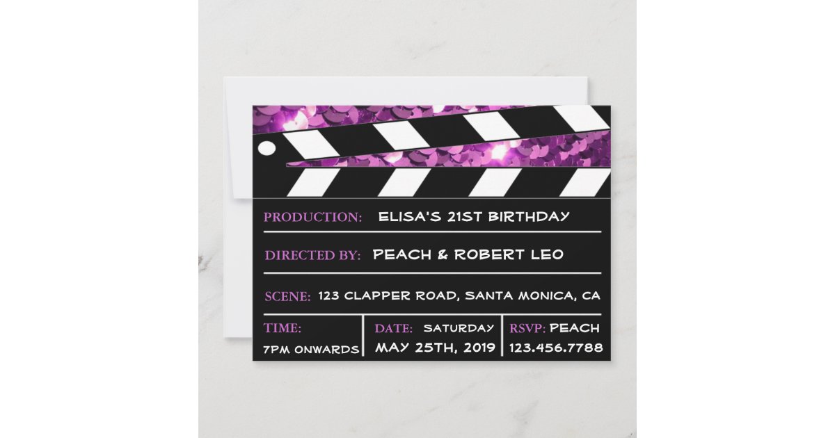 Purple Glamour Clapper Board Her Birthday Invite | Zazzle