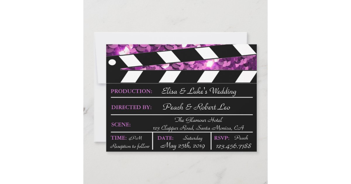 Purple Glamour Clapper Board Wedding Invite | Zazzle