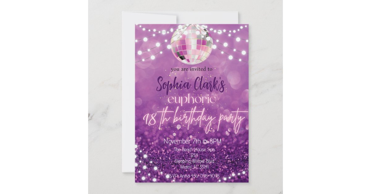 Purple Glitter 18th Birthday Euphoria Invitation | Zazzle