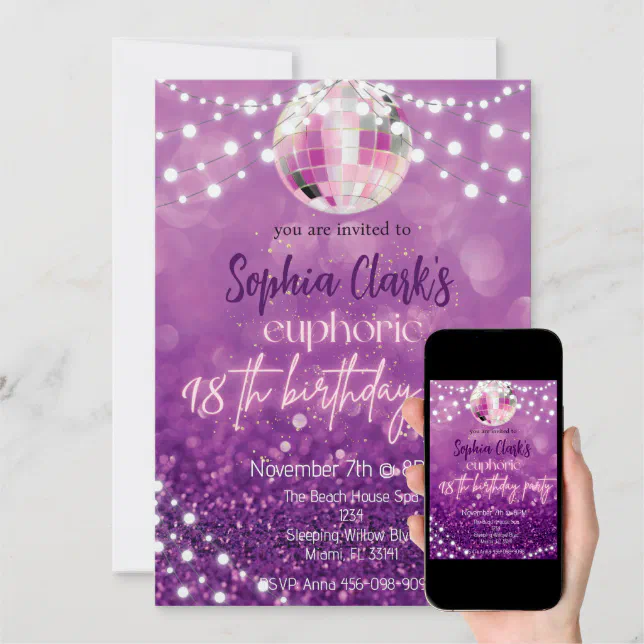 Purple Glitter 18th Birthday Euphoria Invitation | Zazzle