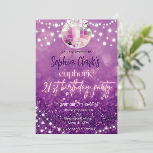 Purple Glitter 21st Birthday Euphoria Invitation | Zazzle