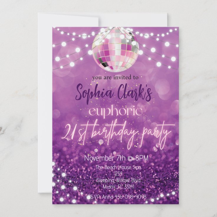 Purple Glitter 21st Birthday Euphoria Invitation | Zazzle