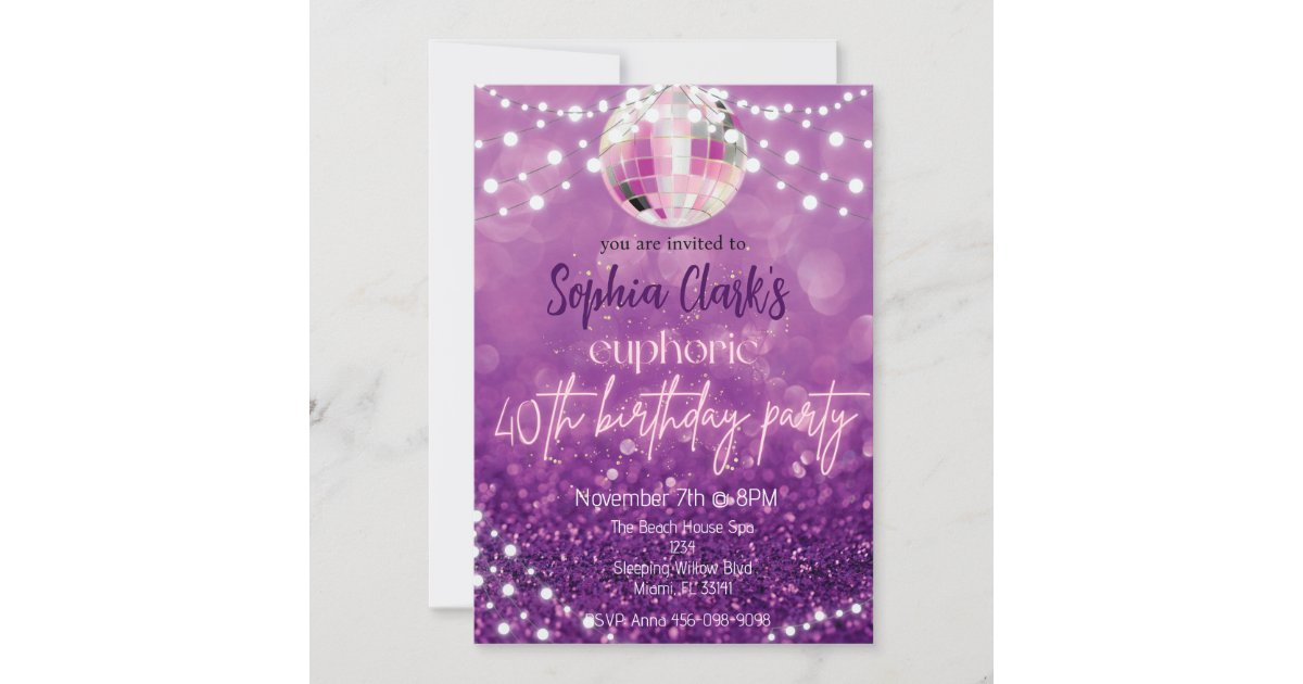 Purple Glitter 40th Birthday Euphoria Invitation | Zazzle