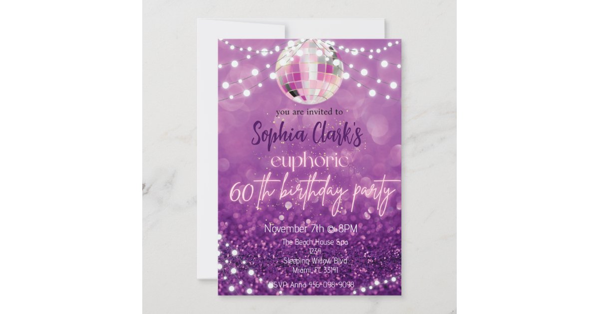 Purple Glitter 60th Birthday Euphoria Invitation | Zazzle