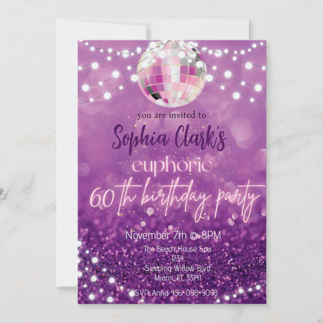 Purple Glitter 60th Birthday Euphoria Invitation | Zazzle