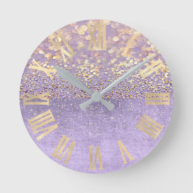 Purple Glitter Amethyst Lavender Confetti Gold Round Clock | Zazzle