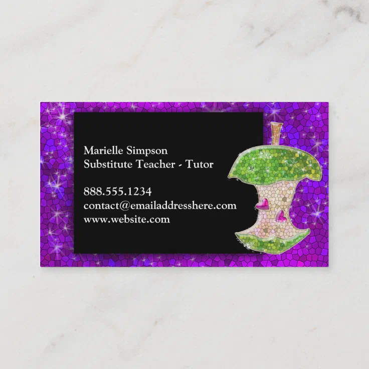 Purple Glitter Apple Substitute Teacher Tutor MUA Business Card | Zazzle
