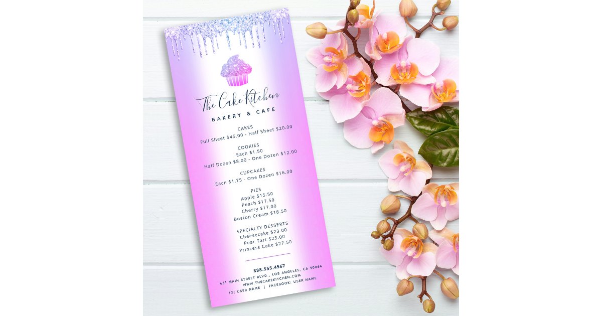 Purple Glitter Bakery Cupcake Pastry Chef Menu | Zazzle