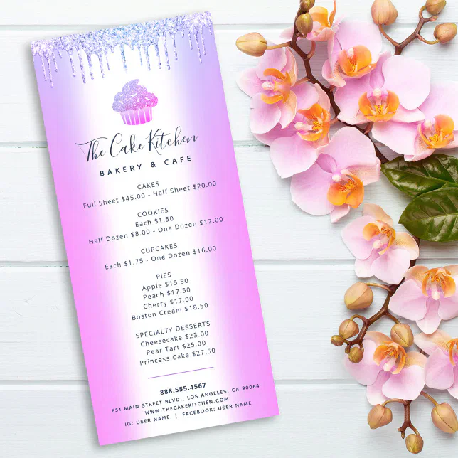 Purple Glitter Bakery Cupcake Pastry Chef Menu | Zazzle
