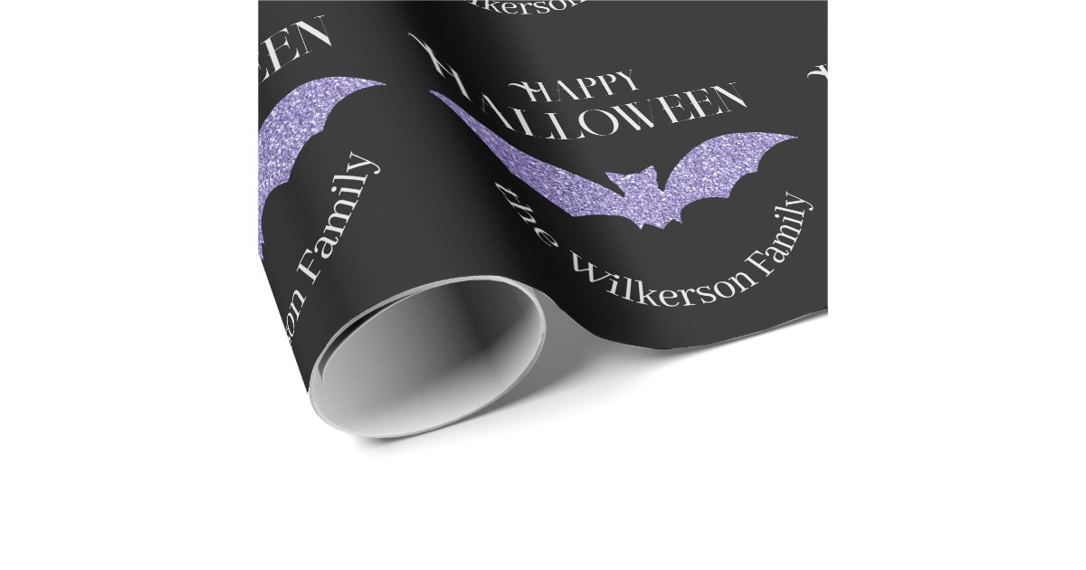 Purple Glitter Bat Happy Halloween Wrapping Paper | Zazzle