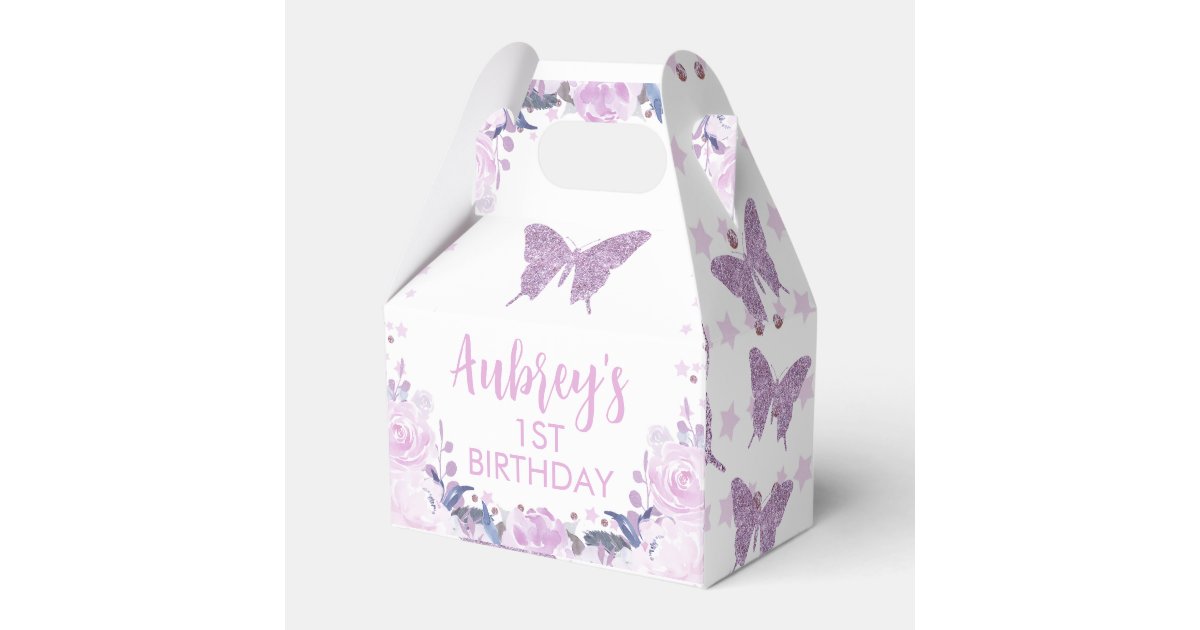 Purple Glitter Butterfly Birthday Gable Favor Box | Zazzle