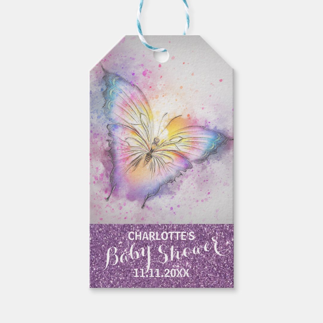 Purple Glitter Butterfly Colorful Baby Shower Gift Tags | Zazzle