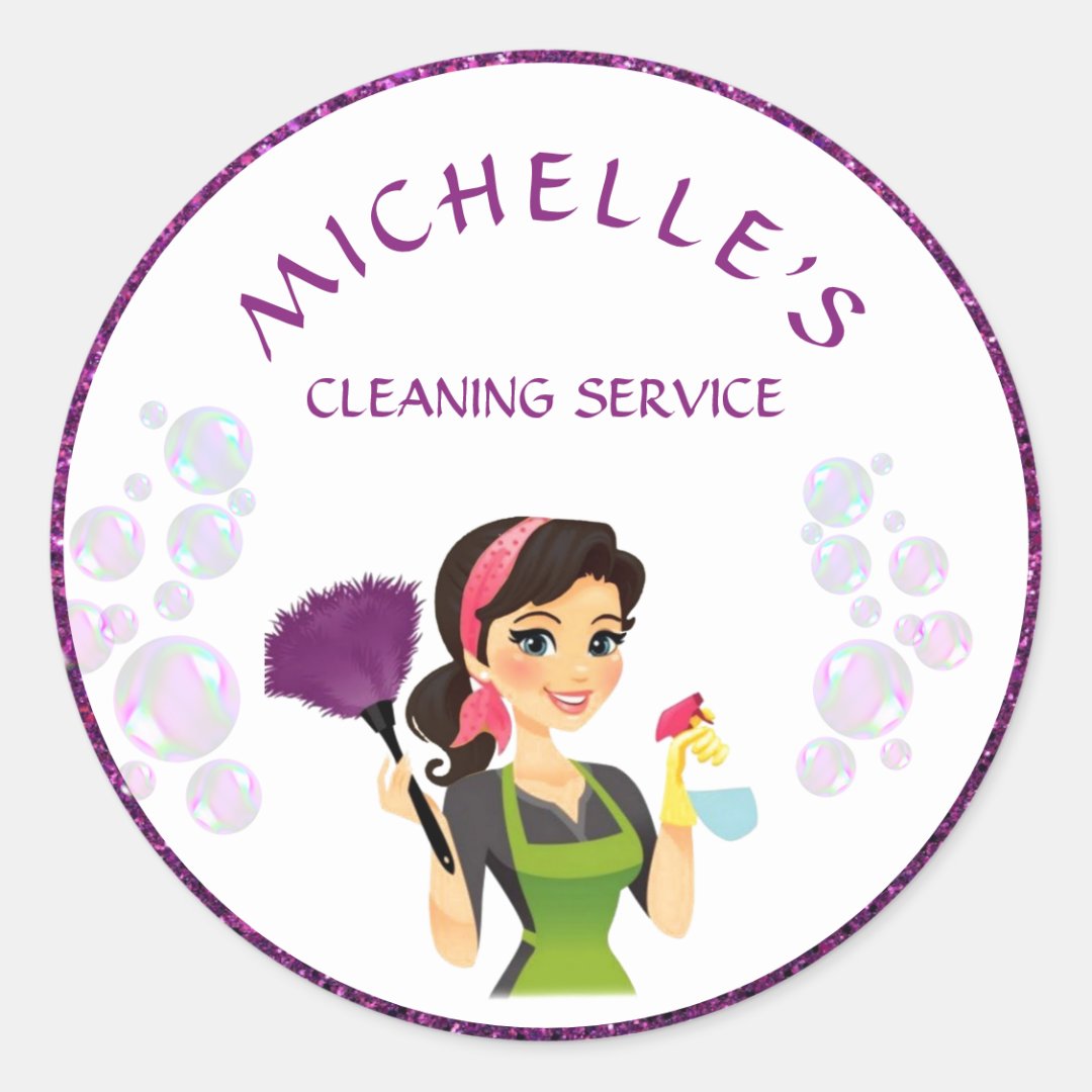 Purple Glitter Cartoon Maid House Cleaning Service Classic Round ...