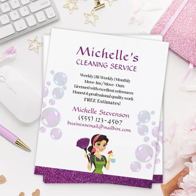 Purple Glitter Cartoon Maid House Cleaning Service Flyer | Zazzle