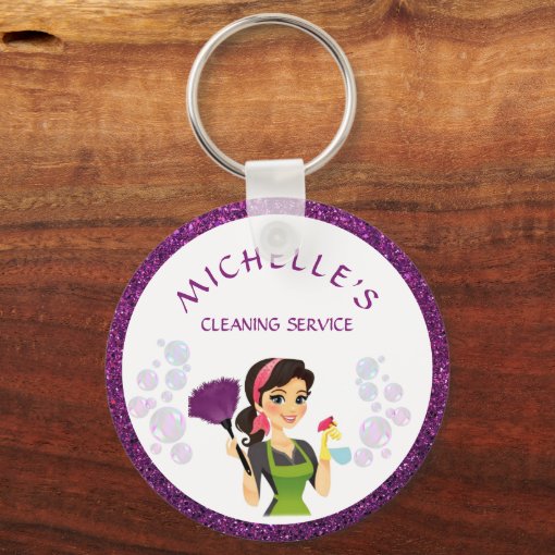 Purple Glitter Cartoon Maid House Cleaning Service Keychain | Zazzle