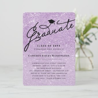 Purple Glitter Chic Graduate Graduation Cap Party Invitation | Zazzle