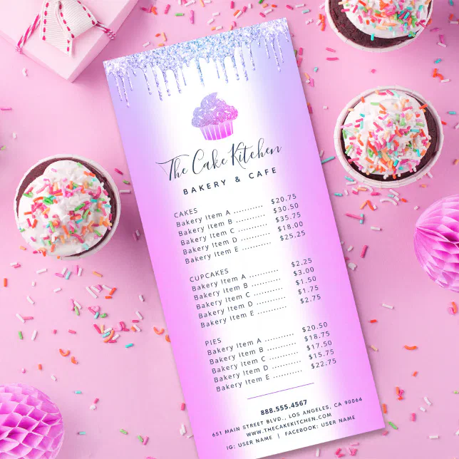 Purple Glitter Cupcake Bakery Pastry Chef Menu | Zazzle