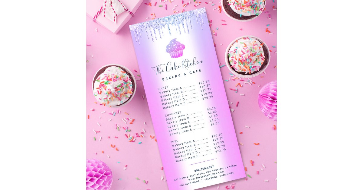 Purple Glitter Cupcake Bakery Pastry Chef Menu | Zazzle