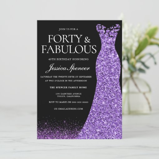 Purple Glitter Dress Gown 40th Birthday Party Invitation | Zazzle