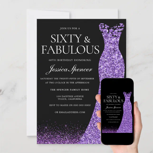 Purple Glitter Dress Gown 60th Birthday Party Invitation | Zazzle