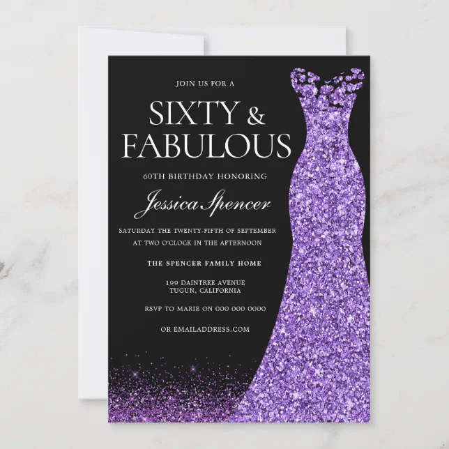 Purple Glitter Dress Gown 60th Birthday Party Invitation | Zazzle