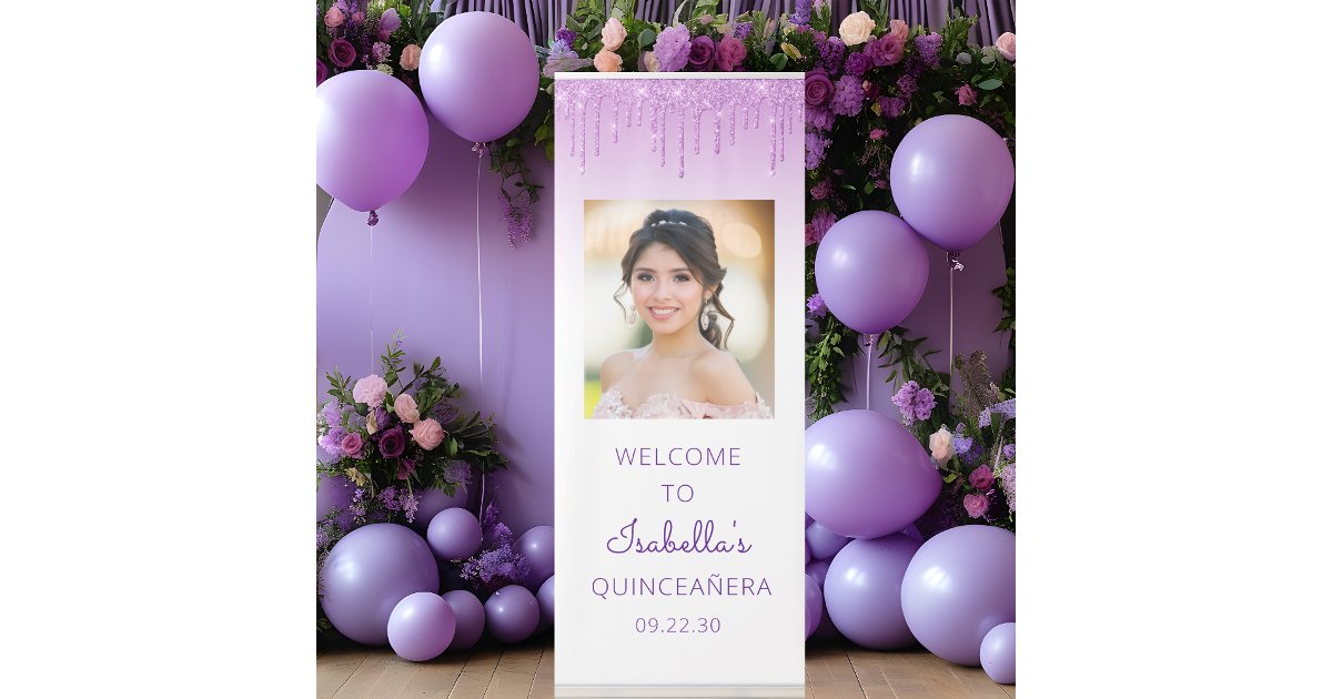 Purple Glitter Drip Custom Photo Quinceañera Party Retractable Banner ...