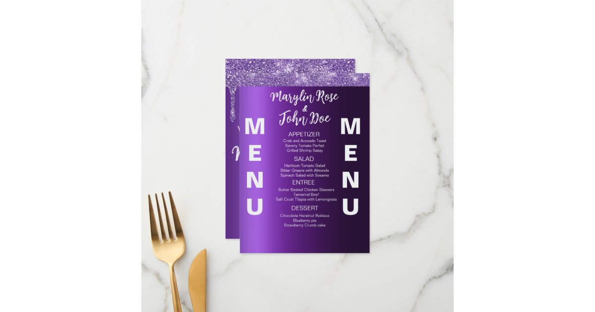 PURPLE GLITTER DRIP ELEGANT MENU | Zazzle