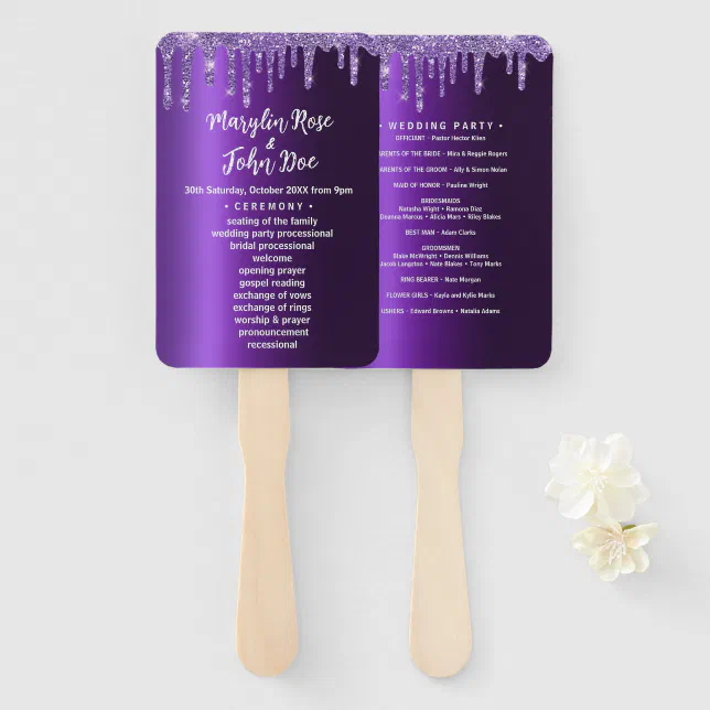 PURPLE GLITTER DRIP ELEGANT WEDDING HAND FAN | Zazzle