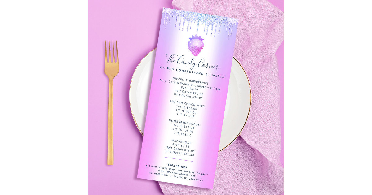 Purple Glitter Drip Strawberry Sweets Dessert Menu | Zazzle