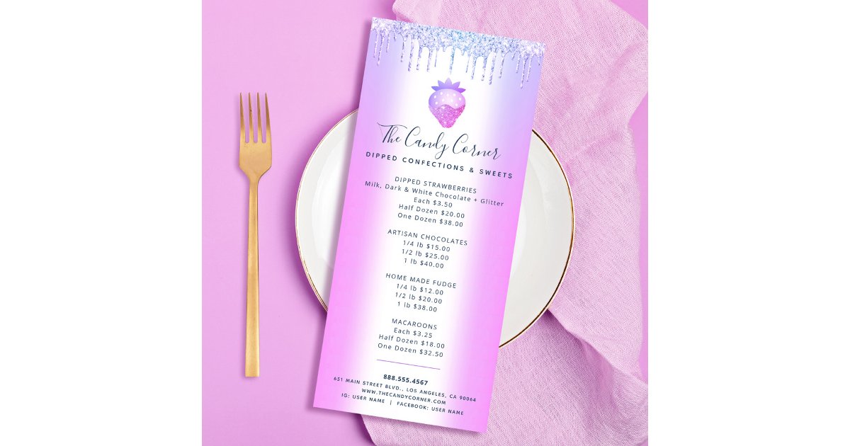 Purple Glitter Drip Strawberry Sweets Dessert Menu | Zazzle