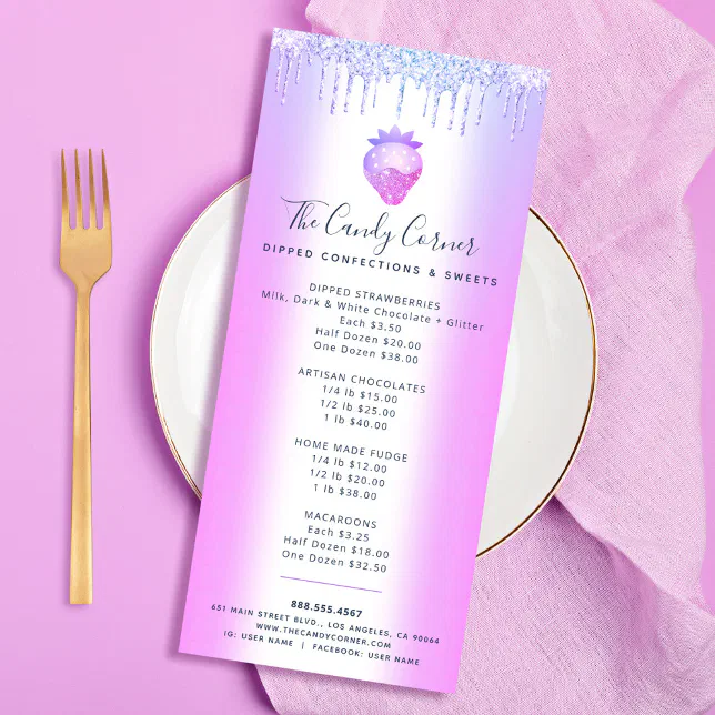 Purple Glitter Drip Strawberry Sweets Dessert Menu | Zazzle