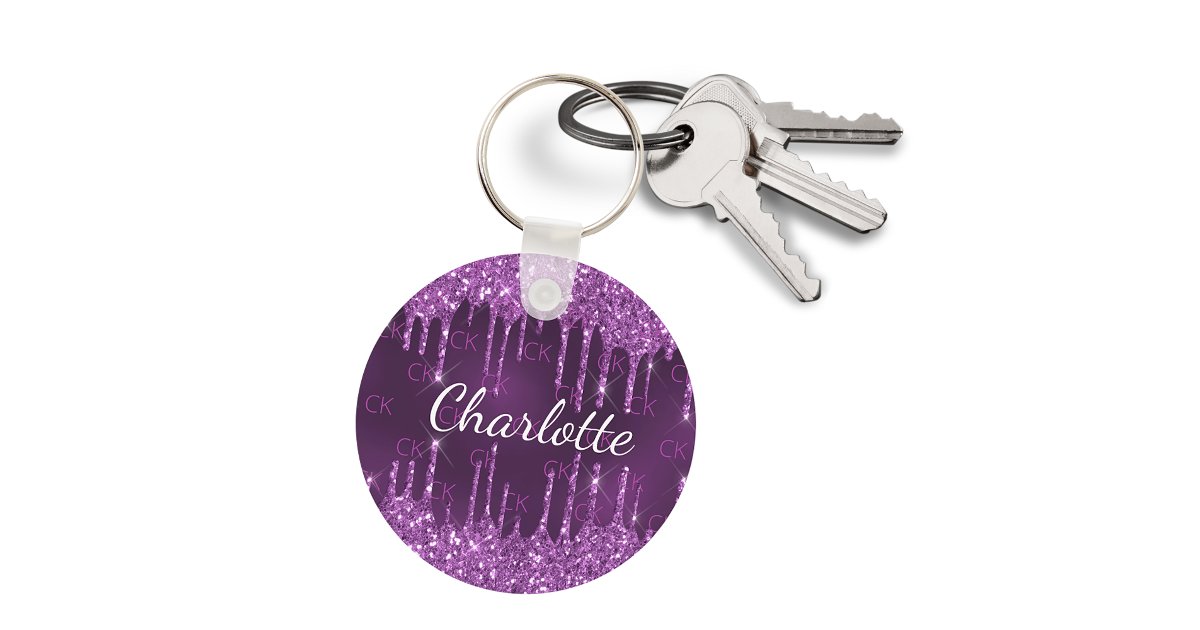 Purple glitter drips monogram initials name luxury keychain | Zazzle