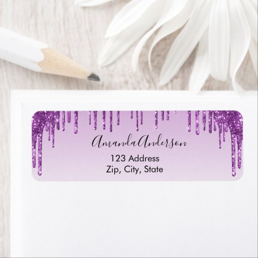 Purple glitter drips return address label | Zazzle