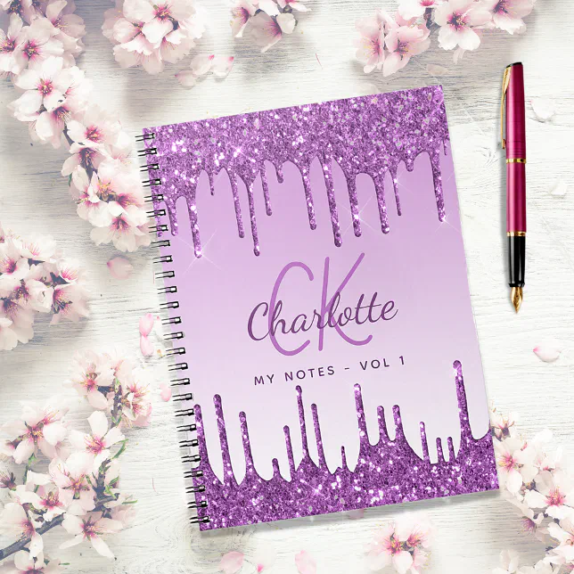 Purple glitter drips violet monogram notebook | Zazzle