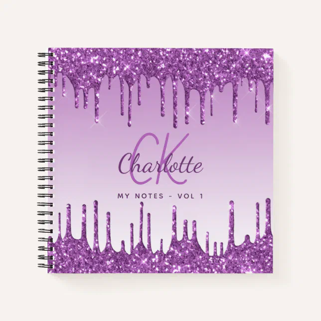 Purple glitter drips violet monogram notebook | Zazzle